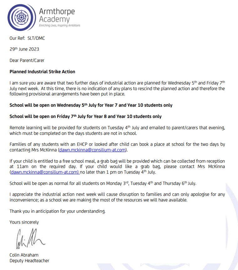 Armthorpe Academy - Years 8 & Y10 will be in school - Year 7 & Y9 will ...