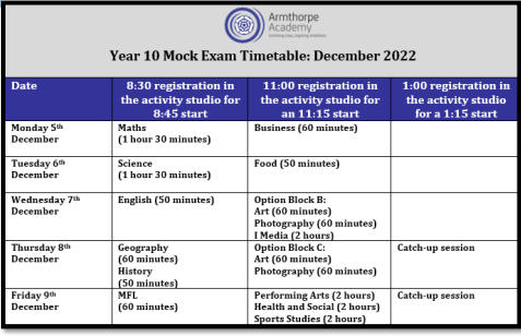 Armthorpe Academy - Year 10 Mock Exam Timetable